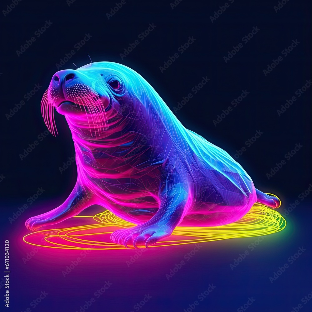 Cute Walrus animal in neon style. Portrait of glow light animal ...