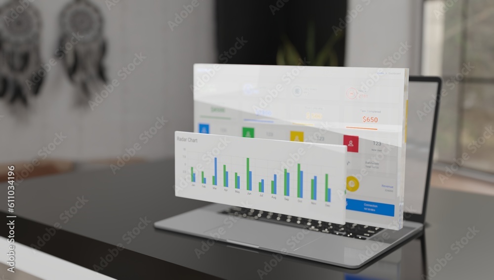 Data-Driven Laptop Illustration: Dynamic Screen Display with Data Analysis Graphics. Perfect for ...