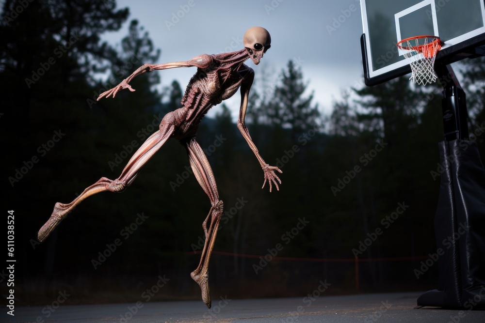 alien basketball player jumping for slam dunk with his long, spindly ...