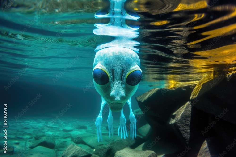 alien swimming in crystal-clear water, with its blue skin and yellow ...