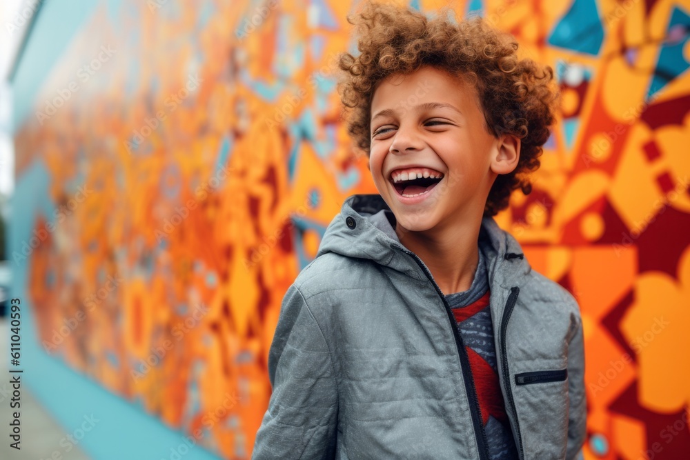 Lifestyle portrait photography of a satisfied kid male laughing against ...