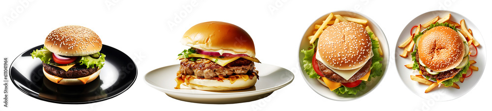Delicious Burger in plate, side and top view with transparent ...