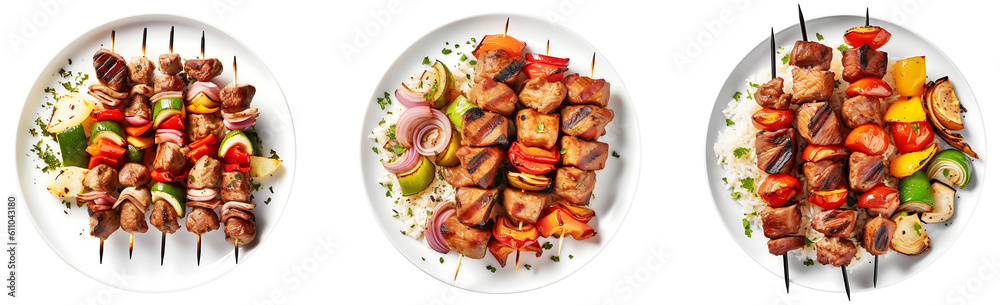 Turkish Shish Kabob on white plate, top view with transparent background, Generative AI ...