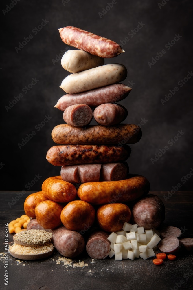Balance of Different types of sausages on a dark wooden background ...