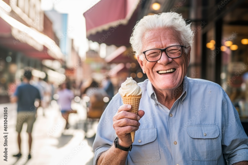Environmental portrait photography of a satisfied old man eating ice ...