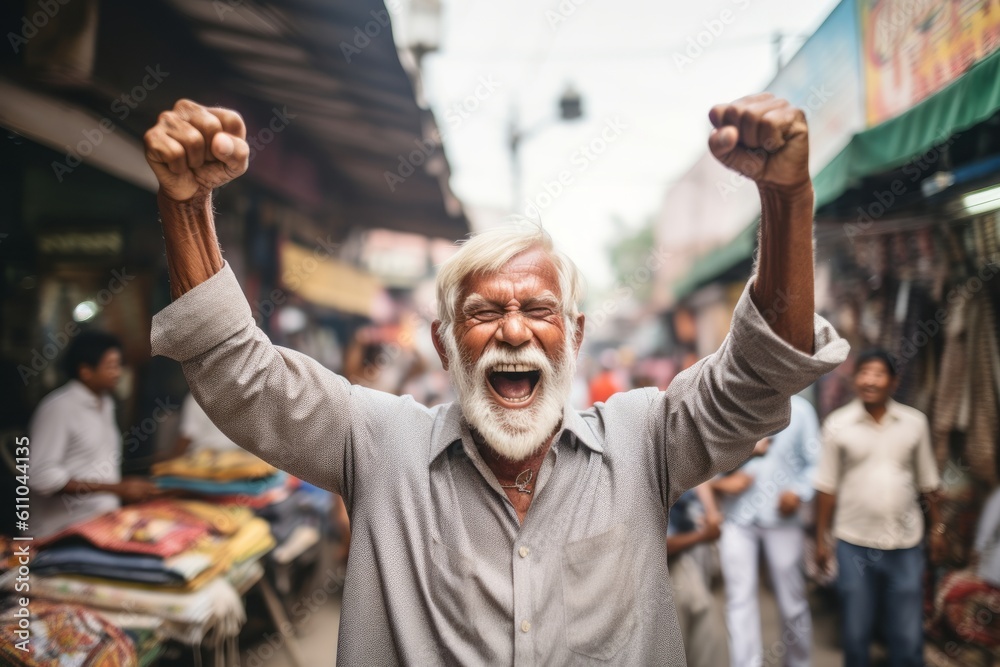 Lifestyle portrait photography of a satisfied old man celebrating with ...