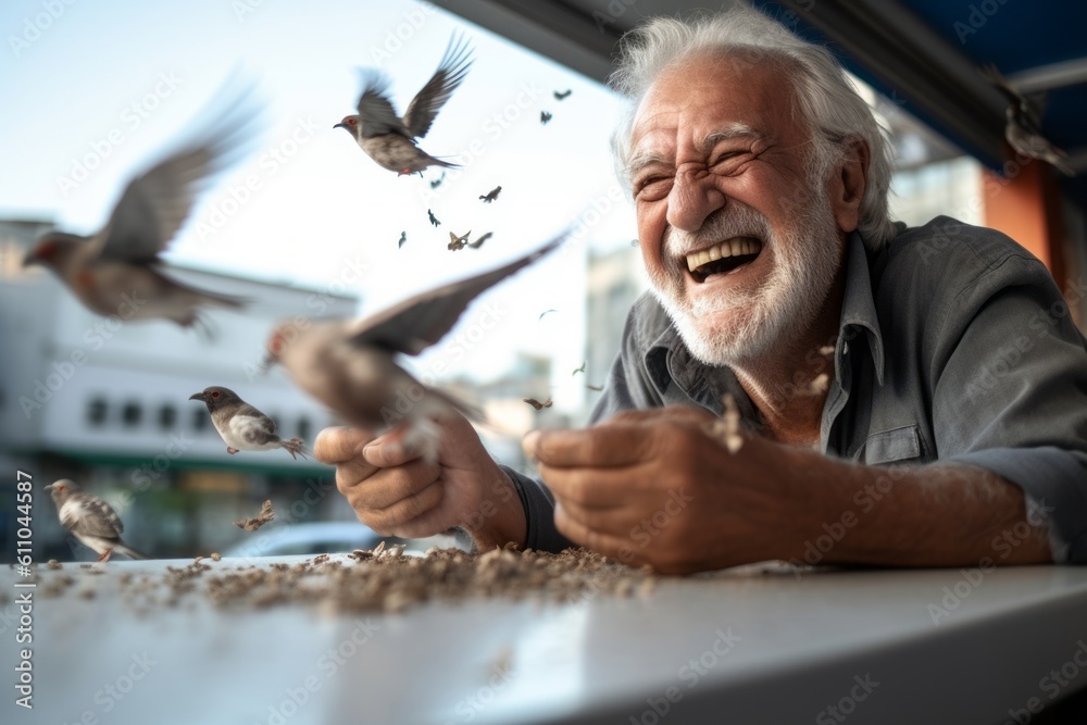 Close-up portrait photography of a grinning old man feeding birds with ...