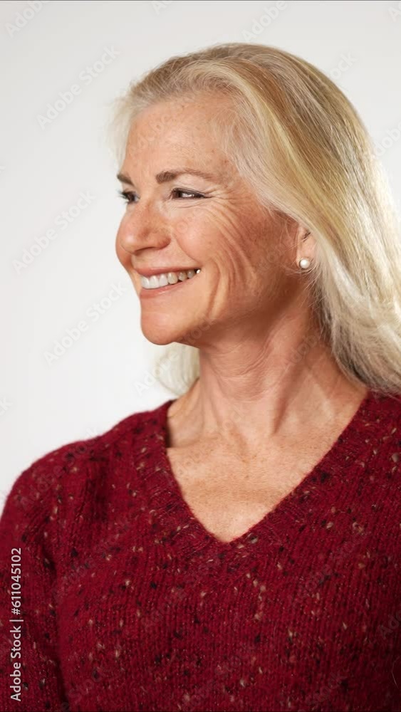 Vertical Video Of Attractive Smiling Happy Beautiful Mature Middle Age