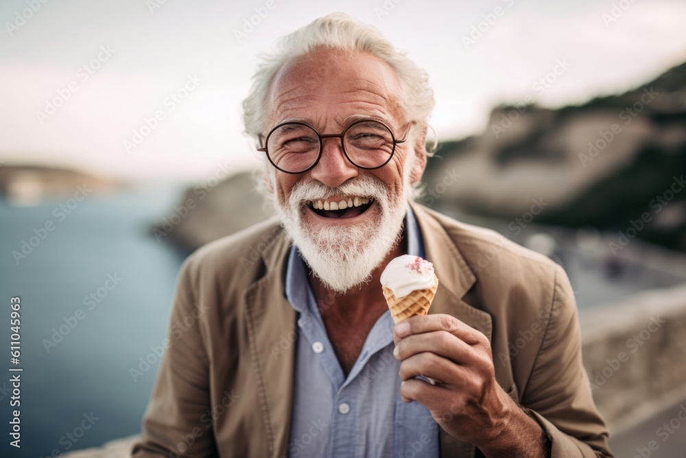 Medium shot portrait photography of a happy old man eating ice cream ...