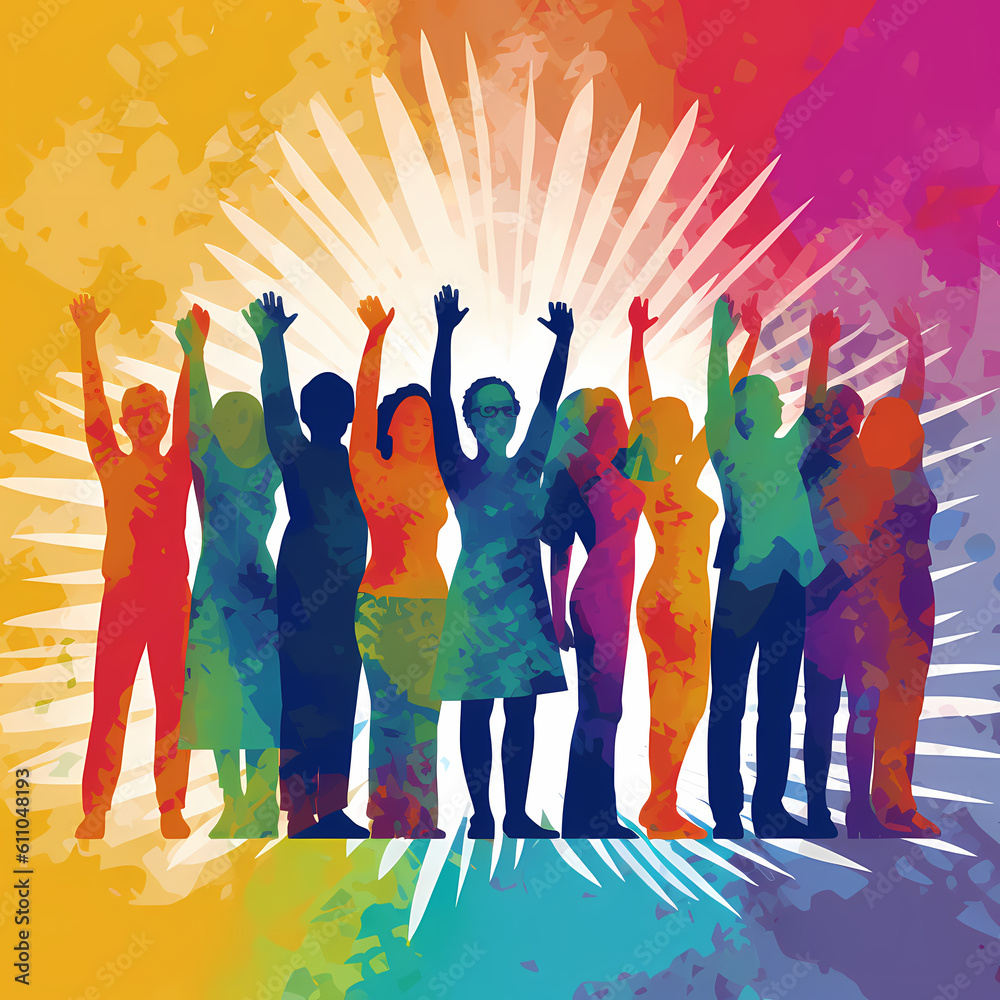 Colorful group of diverse people, hands up with starburst background ...