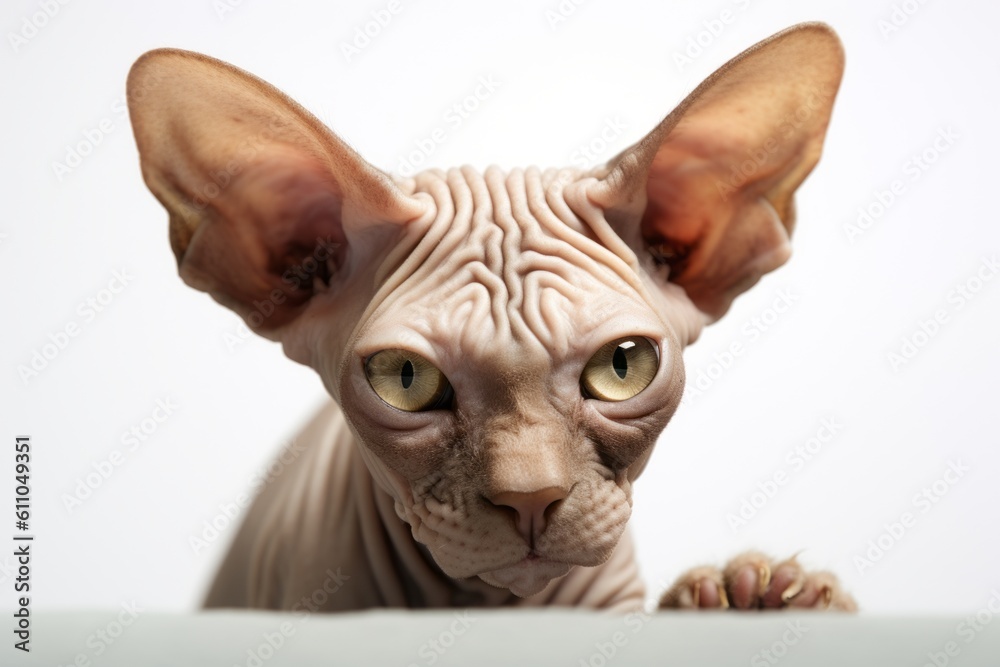 Environmental portrait photography of a tired sphynx cat skulking ...