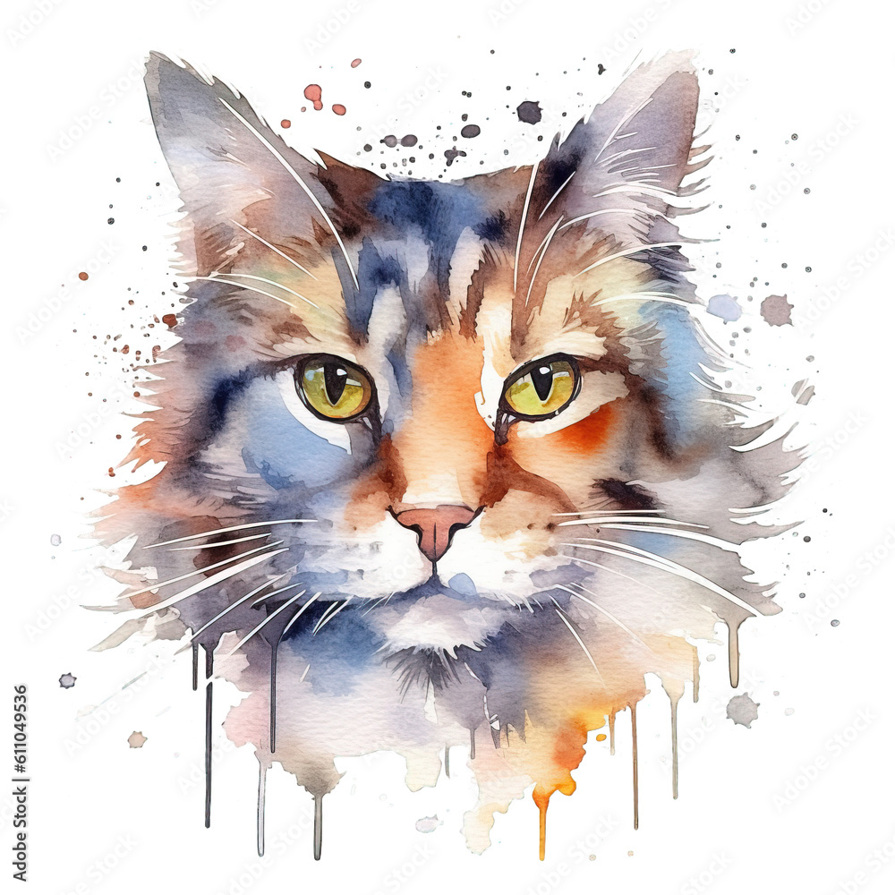 Aquarell-Handzeichnung einer Katze: Anmutige Tierdarstellung in ...