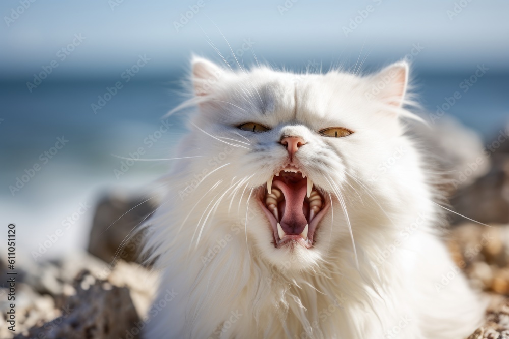 Environmental portrait photography of a smiling persian cat murmur ...