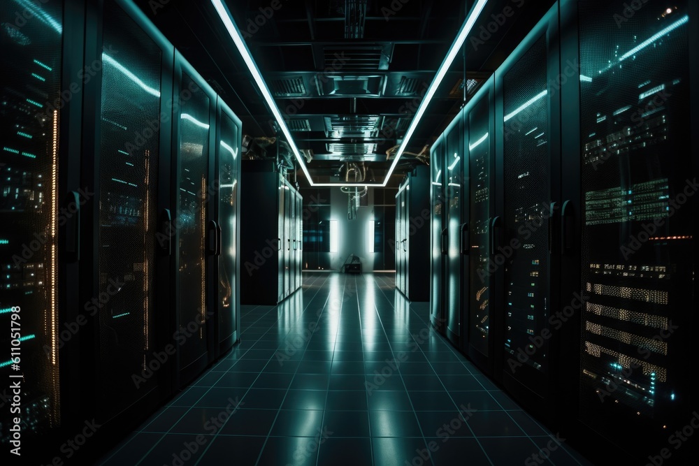 data center with rows of servers, each one with blinking led lights, created with generative ai ...