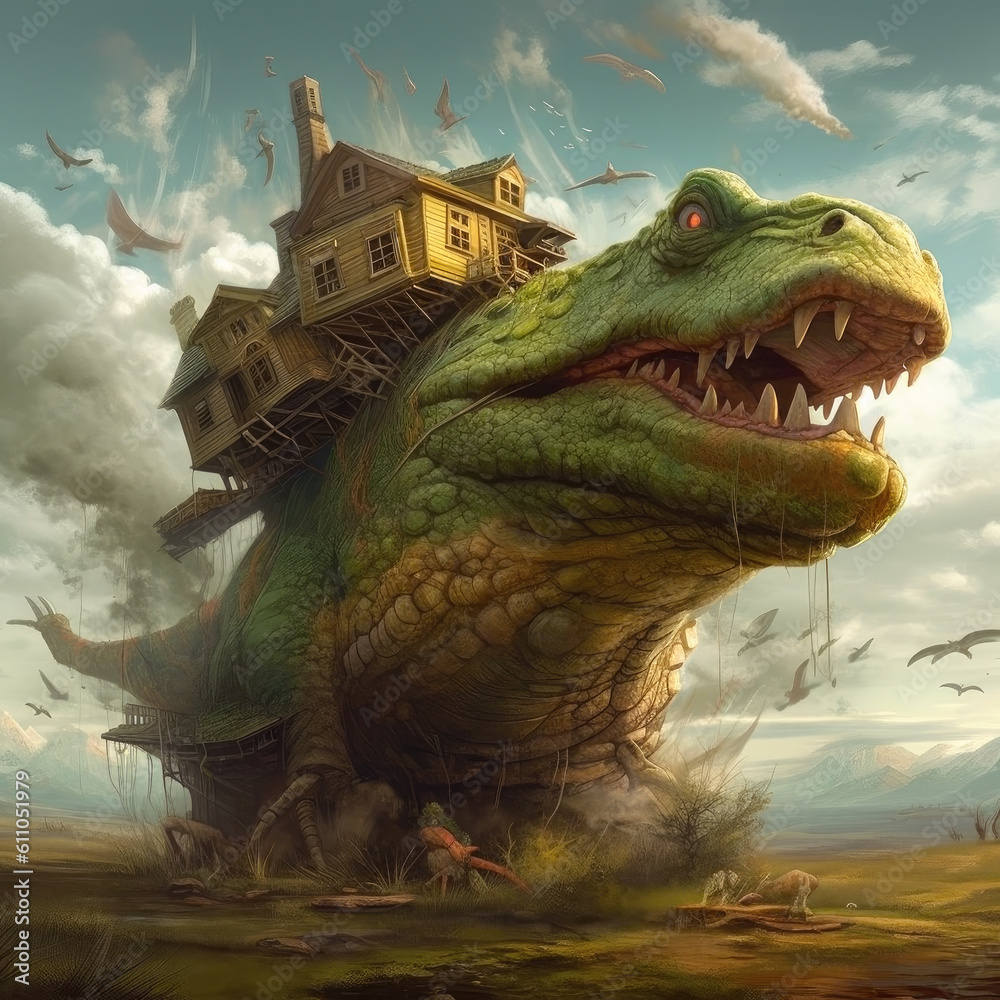 Monster coming from under a house in a dirt valley fantasy dystopian ...