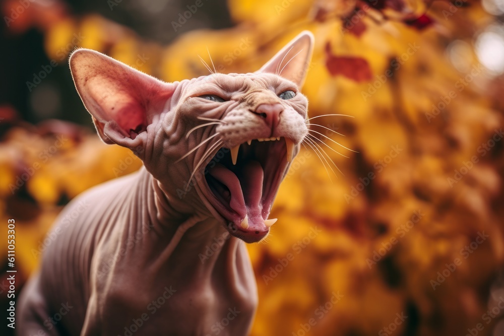 Environmental portrait photography of a happy sphynx cat growling ...