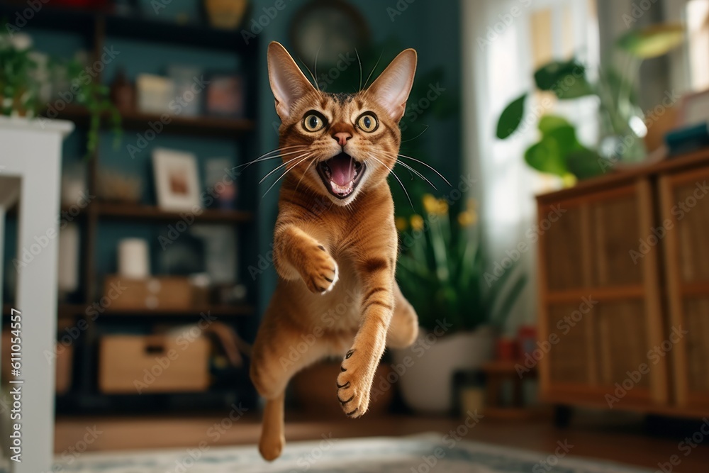 Medium shot portrait photography of a happy abyssinian cat hopping ...