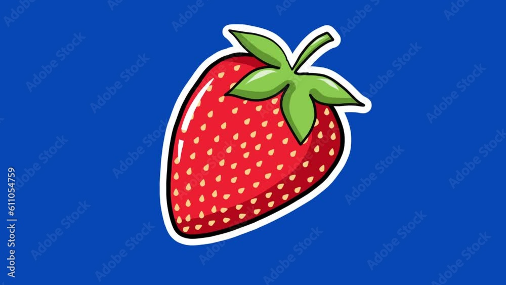 4K Animated Strawberry Sticker Fruit Animation Design. Isolated on Blue ...