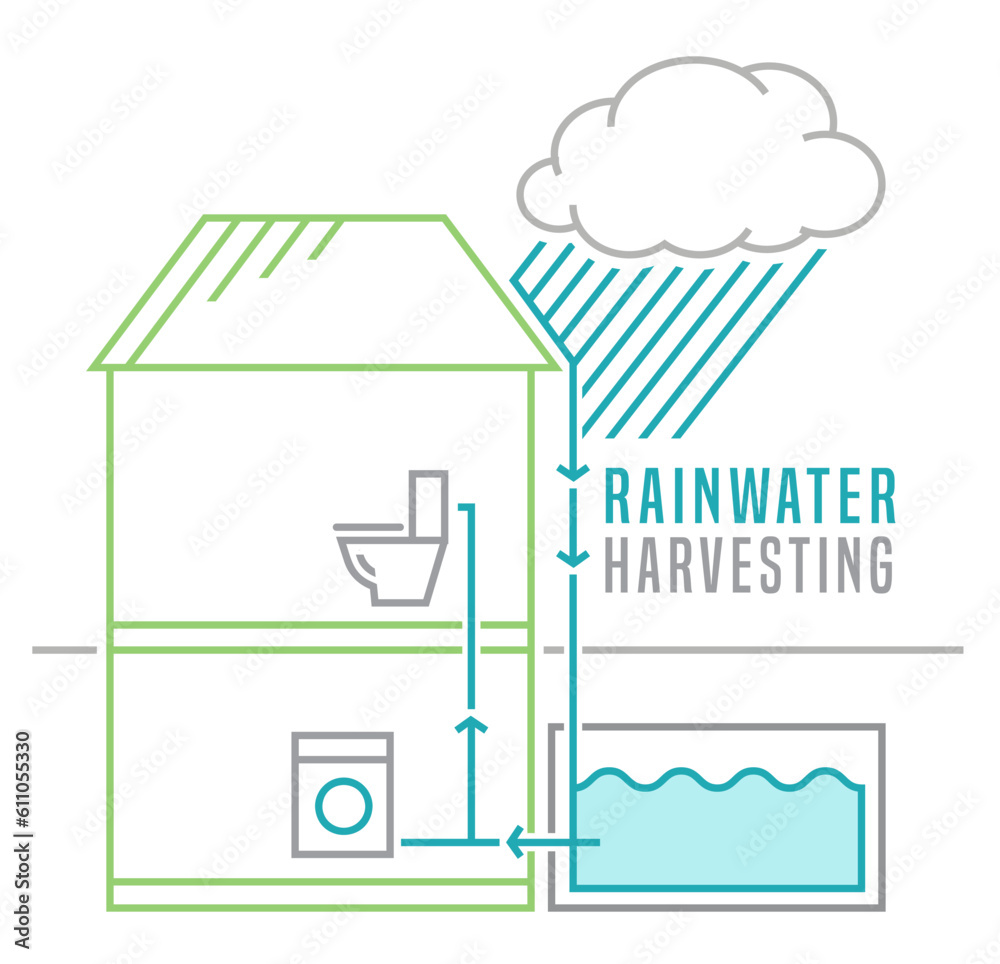 Rainwater harvesting scheme. Editable isolated vector illustration ...