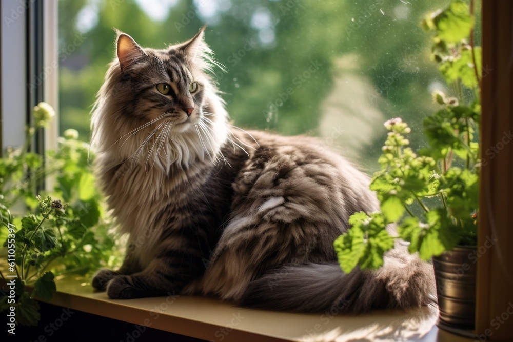 Full-length portrait photography of a smiling norwegian forest cat ...