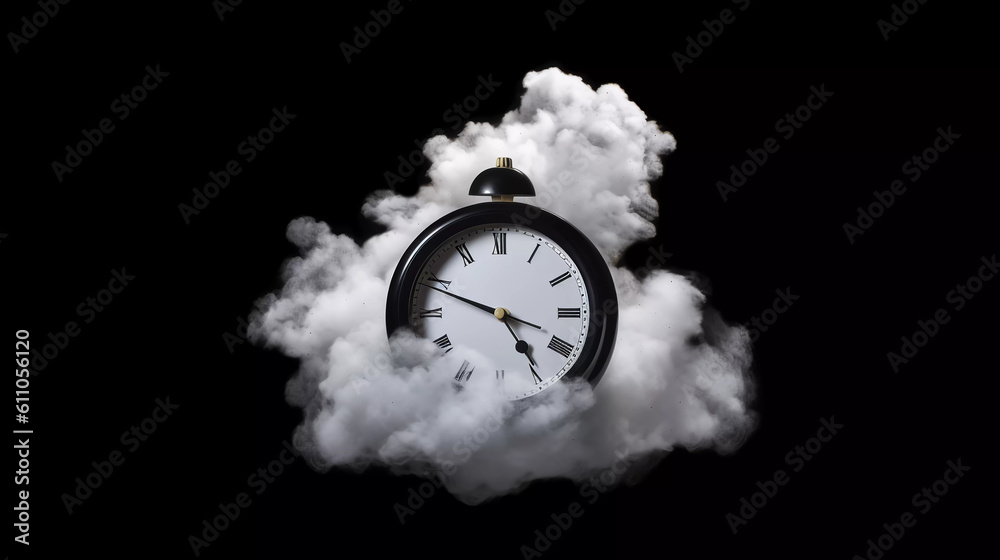 Alarm clock on fluffy white clouds on black background, time management ...