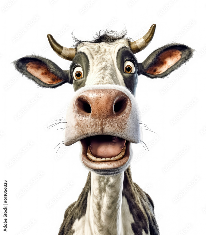 A surprised cow with its mouth open looks at camera, white background ...