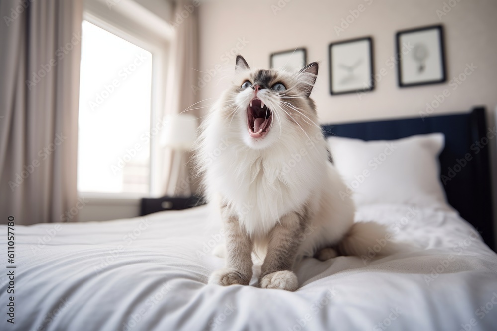 Full-length portrait photography of a happy ragdoll cat scratching ...