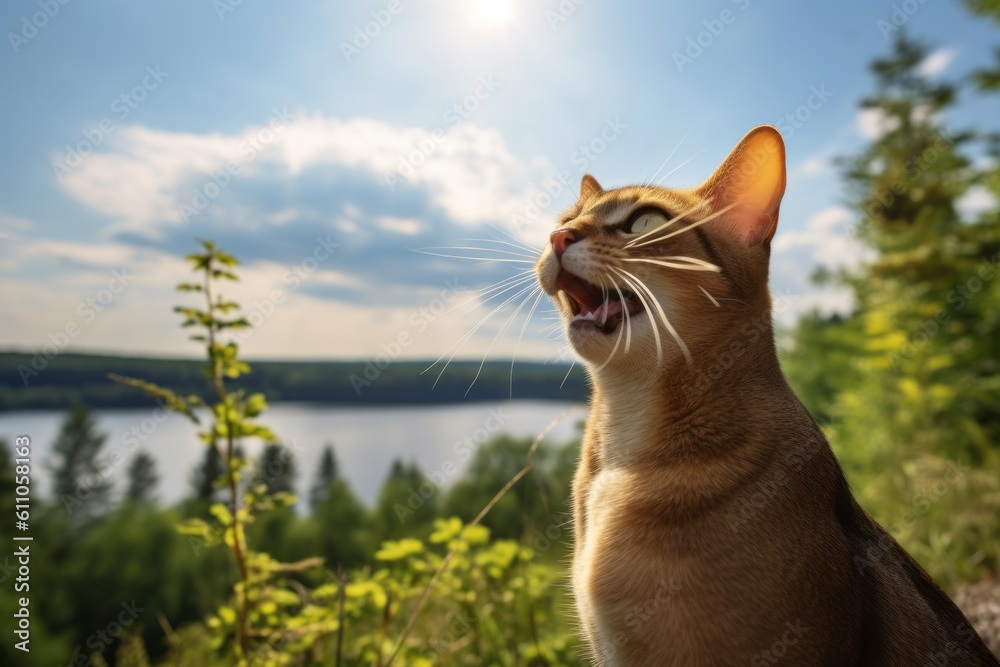 Full-length portrait photography of a funny abyssinian cat murmur ...