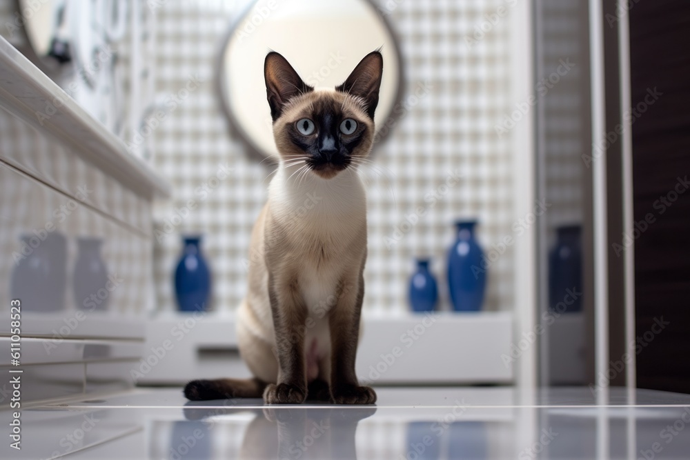 Lifestyle portrait photography of a curious siamese cat skulking ...