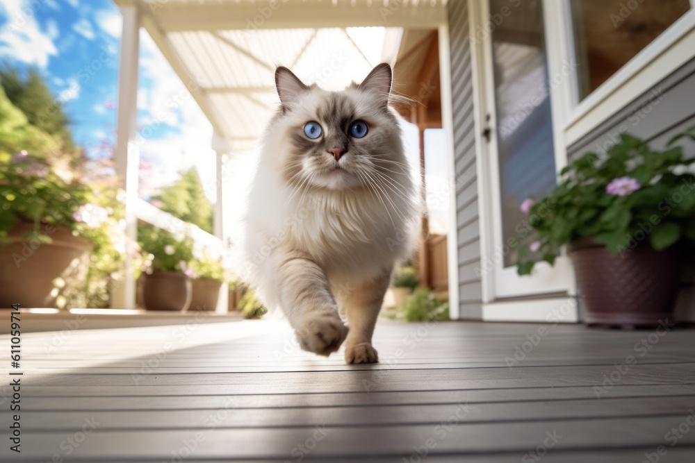 Full-length portrait photography of a cute sacred birman cat pouncing ...