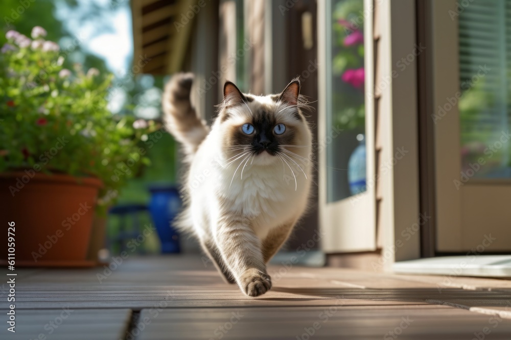 Full-length portrait photography of a cute sacred birman cat pouncing ...