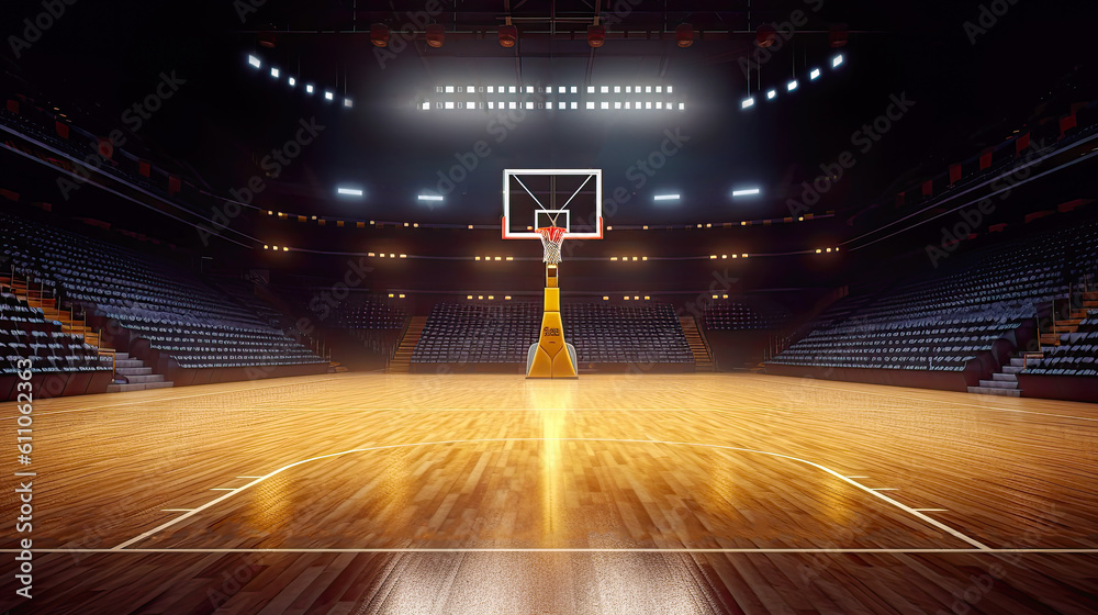 Inside of modern basketball arena with wooden court. Postproducted ...