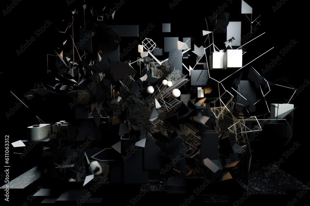 abstract, deconstructed and fragmented shapes on a black background ...