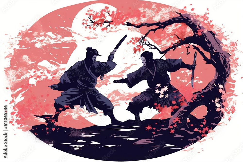 Two samurais fighting each other in fighting circle with cherry blossom ...
