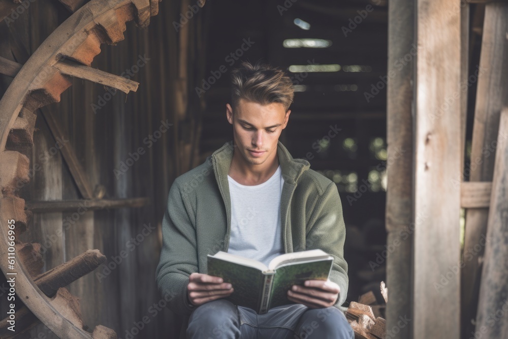 Medium shot portrait photography of a glad boy in his 30s reading a ...