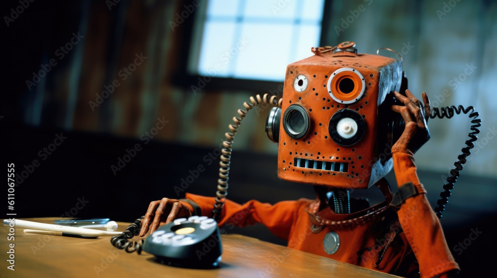 robot working and talking on telephone. risk and threat of artificial ...