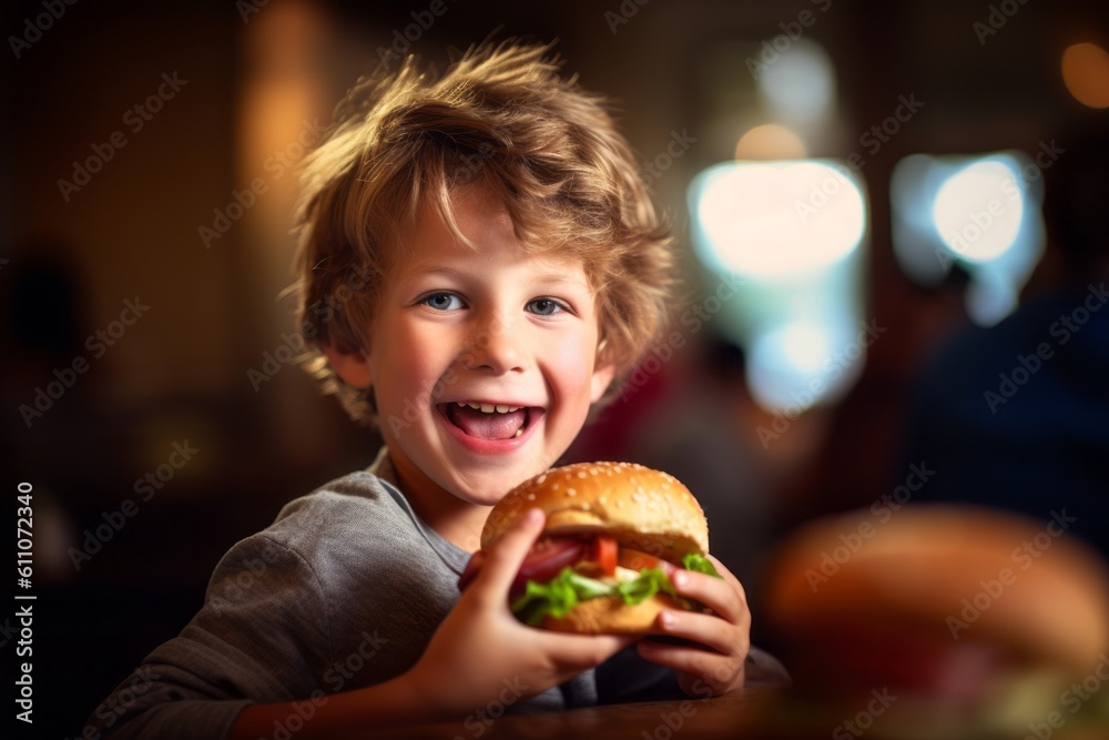 Close-up portrait photography of a grinning kid male eating burguer ...