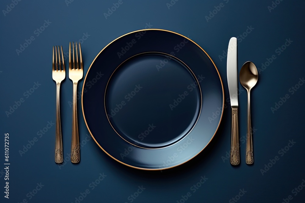 Elegant blue plate with knife and fork on blue background - created ...