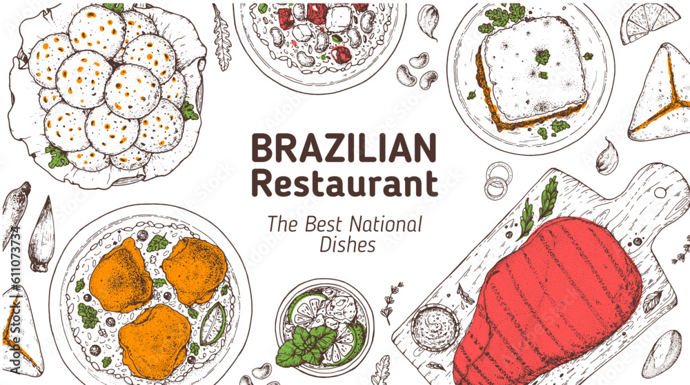 Brazilian food top view vector illustration. Food menu design template ...