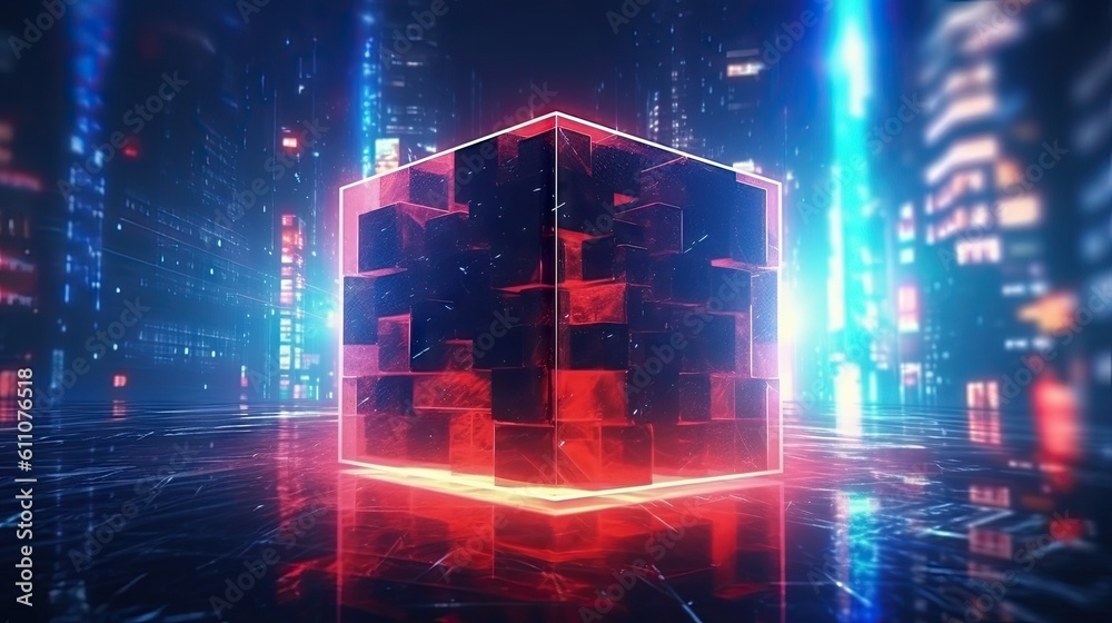 Abstract red blue neon background. Glowing linear volumetric cube in ...