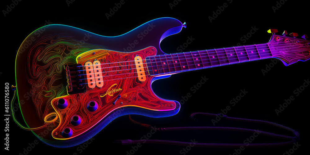 Captivating image of an electric guitar radiating dazzling neon colors ...