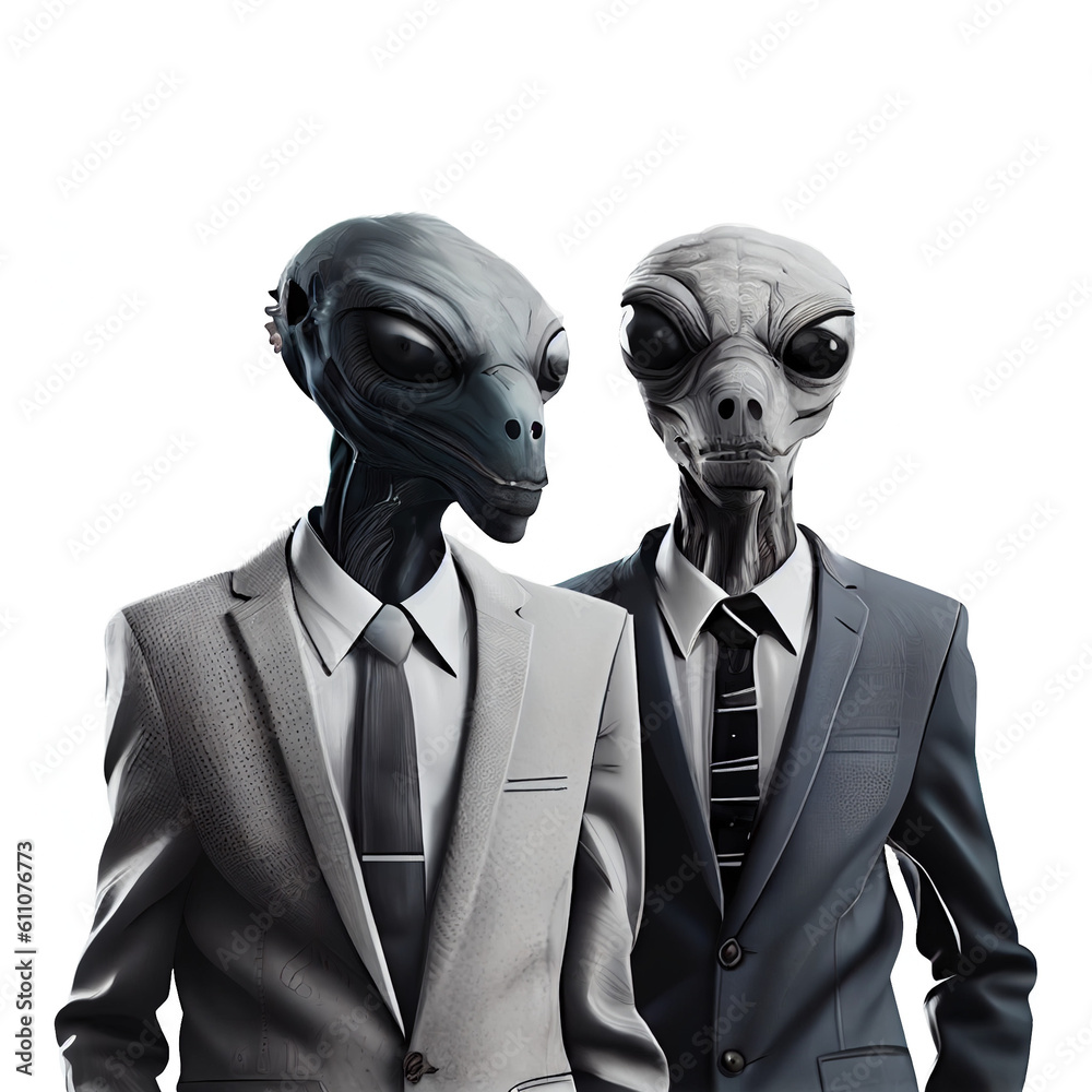 Concept of trading with aliens. Aliens in business suits. On ...