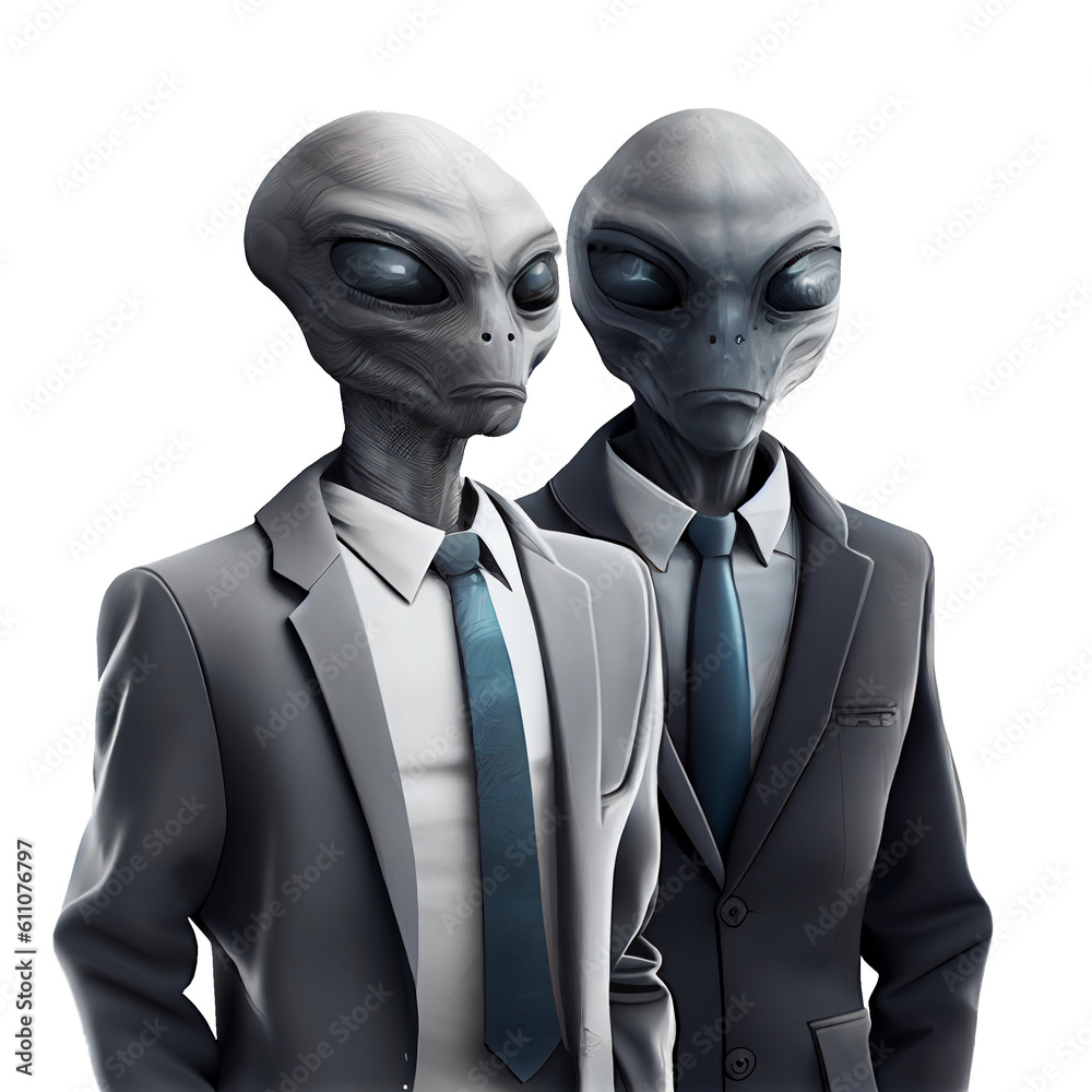 Concept of trading with aliens. Aliens in business suits. On ...