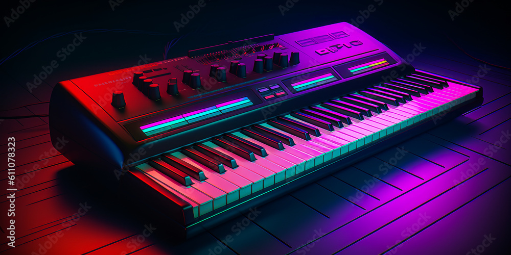 Captivating digital representation of a vibrant 80s synth, with ...