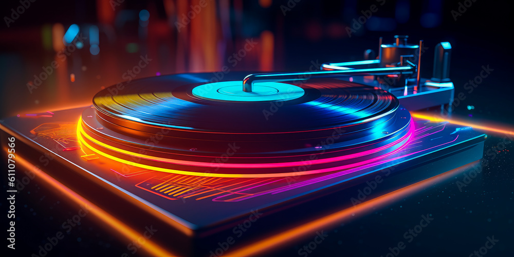 Digital illustration of a retro 70s turntable with vinyl record ...