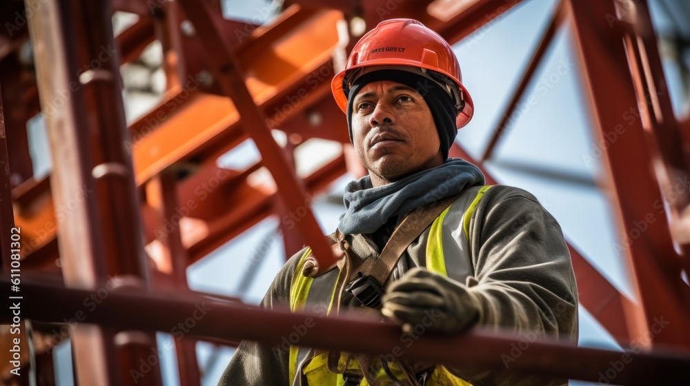 Generative AI Construction worker wearing full body safety harness ...