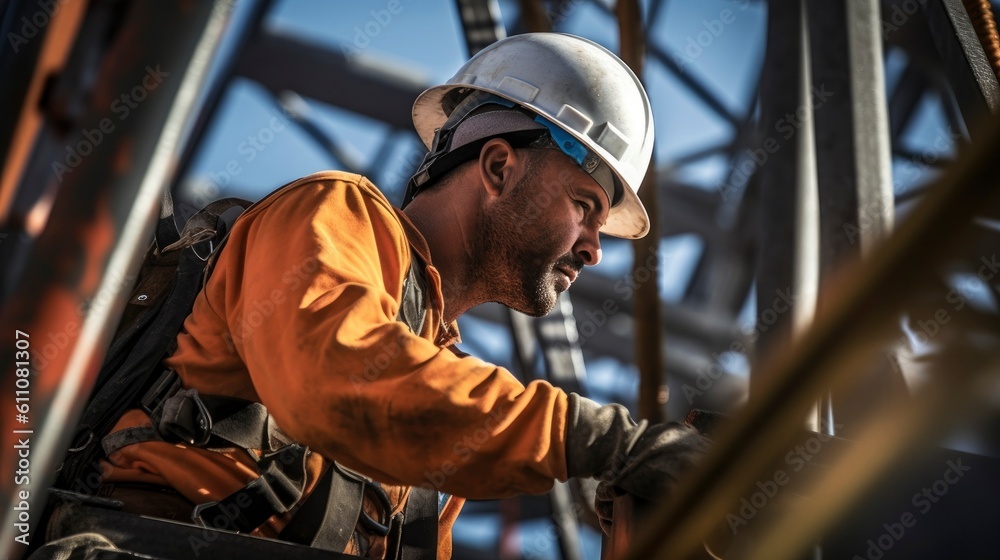 Generative AI Construction worker wearing full body safety harness ...