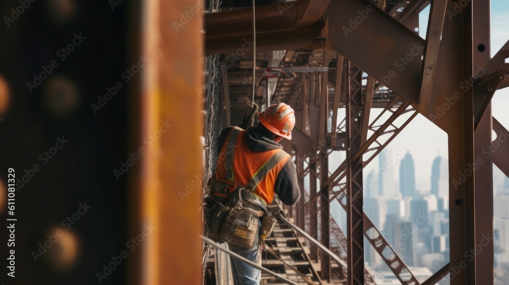 Generative AI Construction worker wearing full body safety harness ...