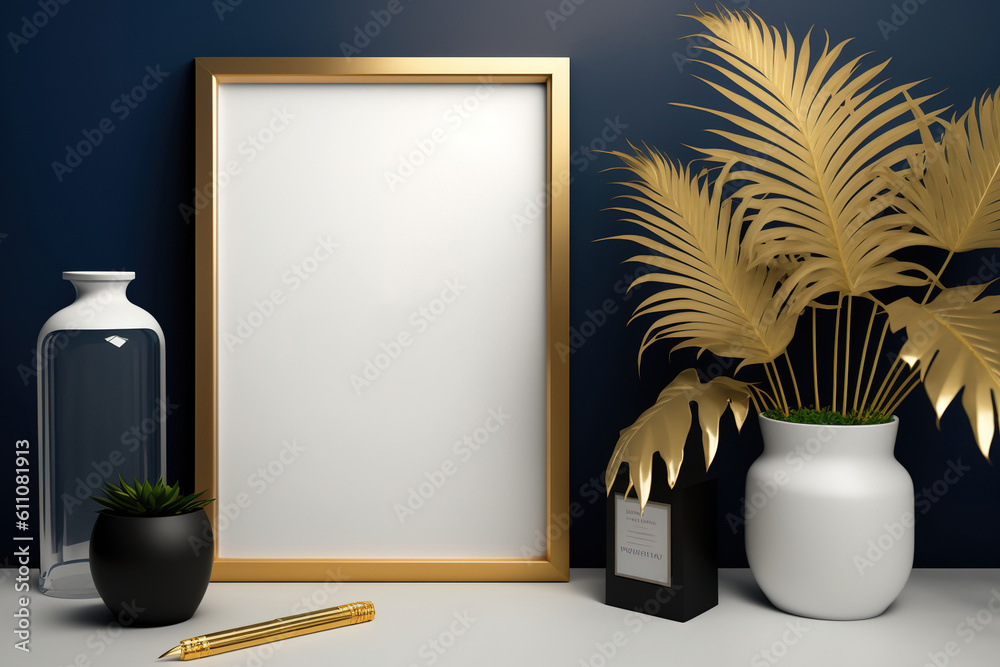 Blue poster frame with gold palm plants in a vase. front-view photo ...