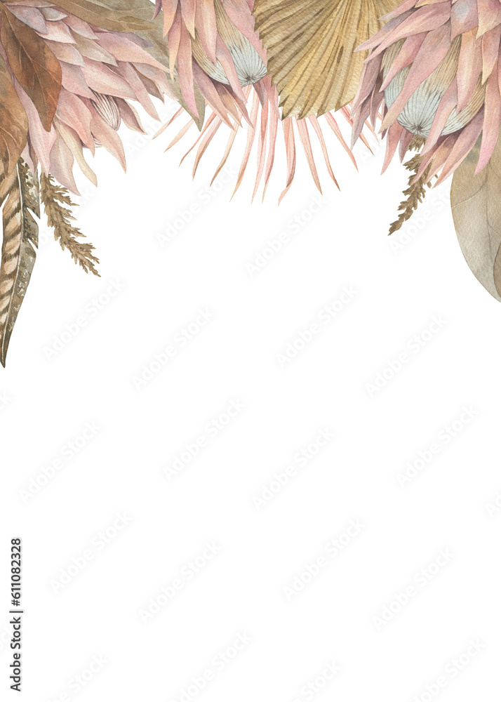 Watercolor bohemian border with tropical leaves, proteas, dried palm ...